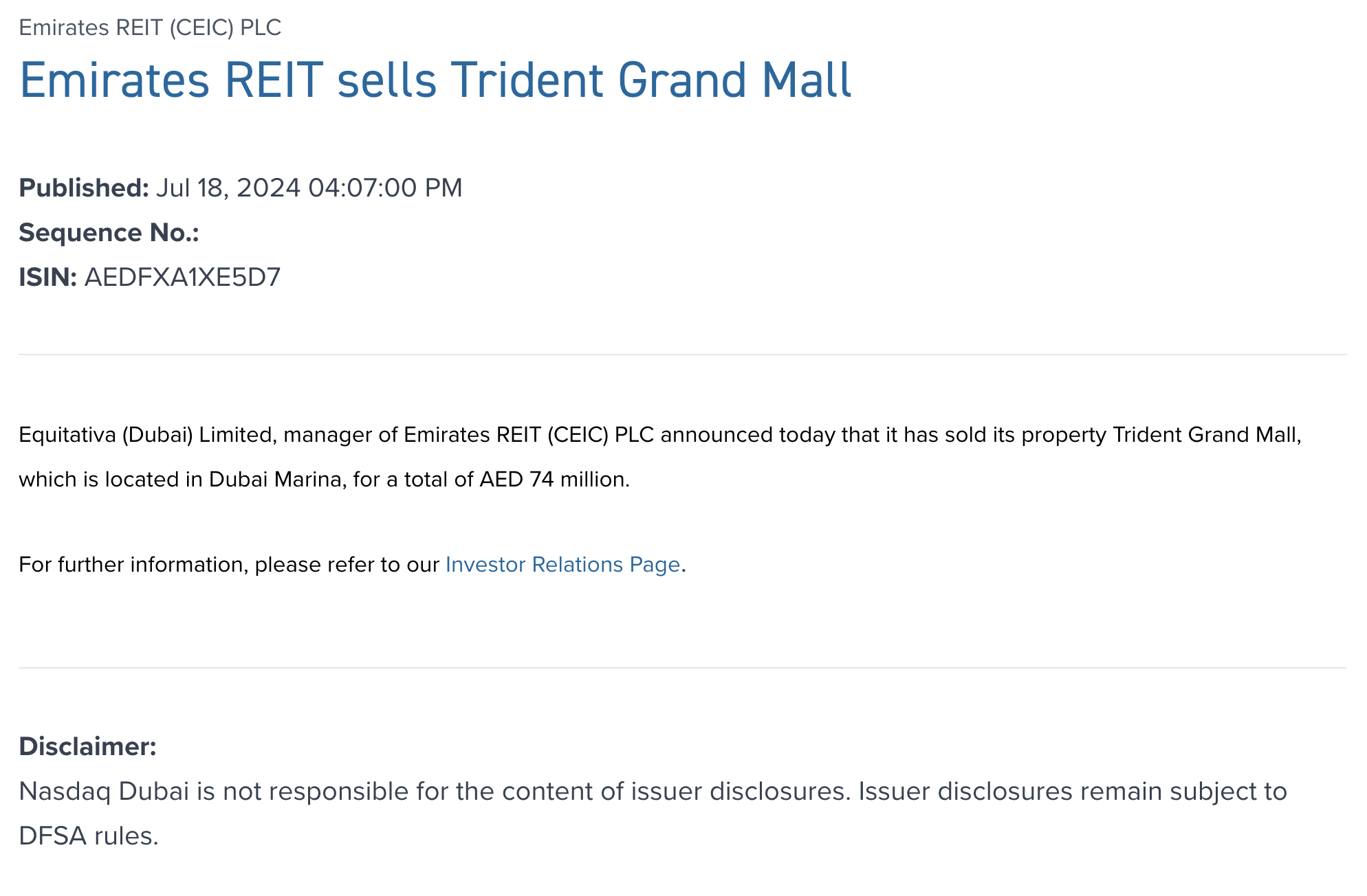 Investor relations @ Emirates REIT