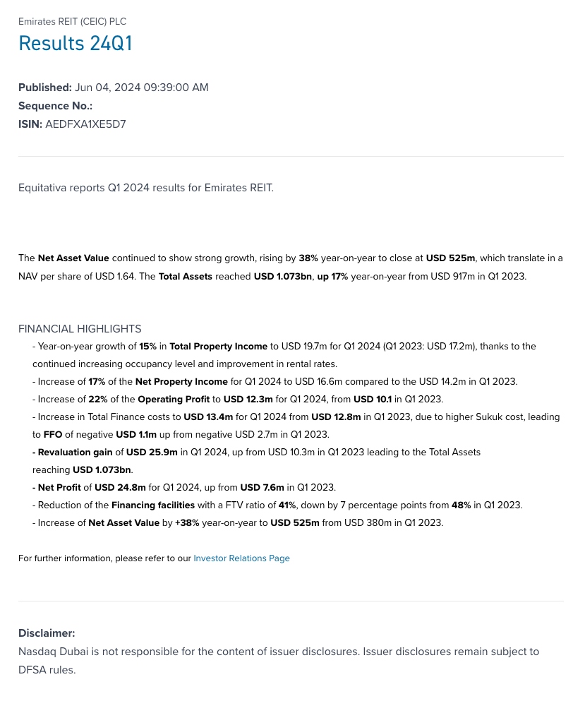 Investor relations @ Emirates REIT