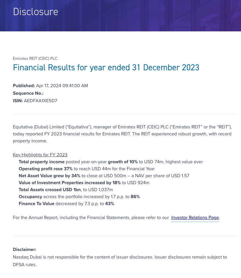 Investor relations @ Emirates REIT